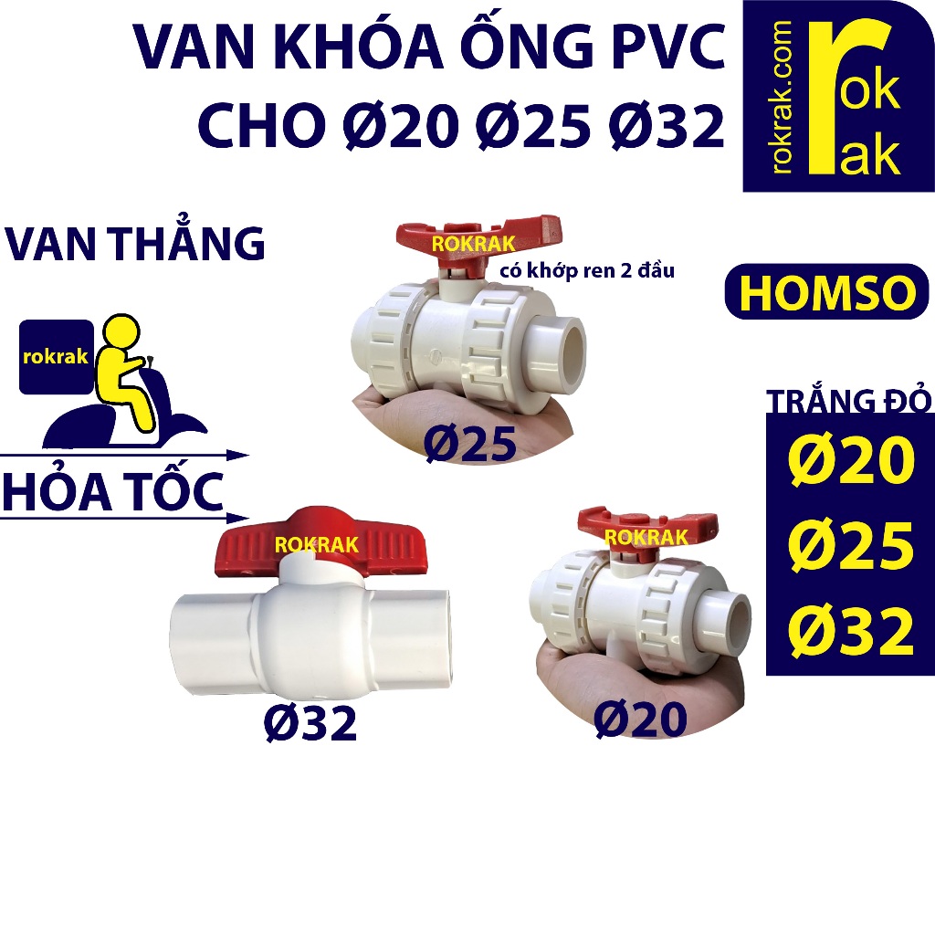 Van khóa ống nước PVC HOMSO (phi 20 25 32) hệ ống Đỏ Trắng cho hồ cá ...