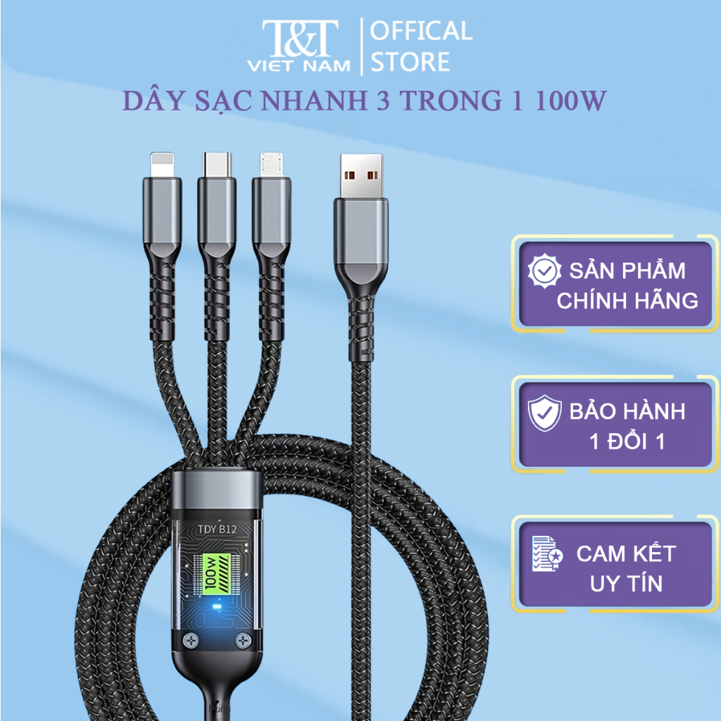 Dây cáp sạc TDY-B12 100W SẠC SIÊU NHANH 3 TRONG 1 Cho nhiều dòng máy IOS / ANDROID / TYPE C ...