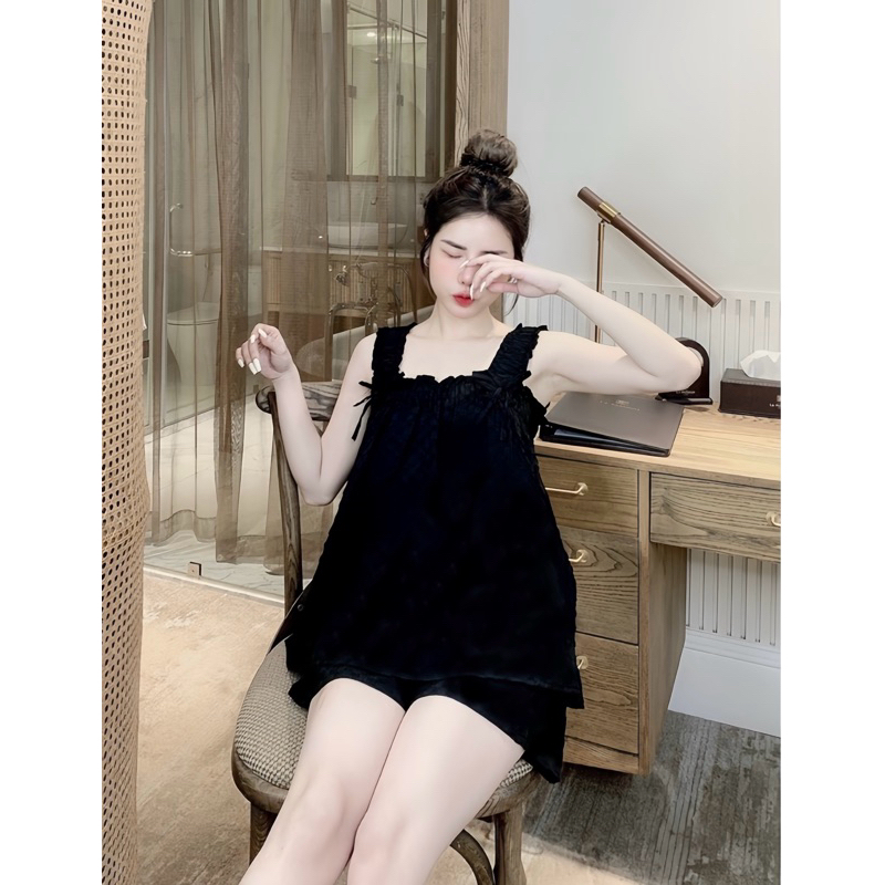 Set Pijama, đồ bộ hai dây baby doll nhún ngực mặc nhà, freesize 40-58kg | Shopee Việt Nam