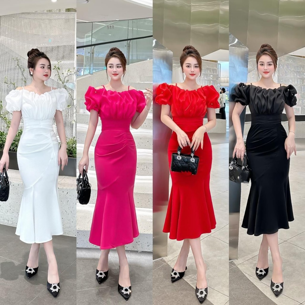 ĐẦM VÁY BODY TRỄ VAI DÁNG ĐÀM ĐUÔI CÁ PHỐI TƠ | Shopee Việt Nam