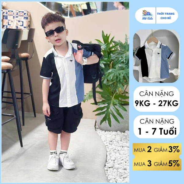 Set bộ sơ mi bé trai cộc tay áo pha màu quần kaki mềm đủ size 8-27kg cho bé đi học đi chơi Đồ bộ ...