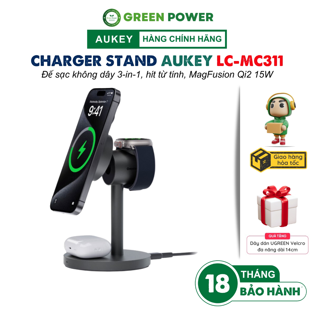 Đế sạc nhanh đa năng không dây hít từ tính 3-in-1 AUKEY LC-MC311 MagFusion Qi2 15W - Hàng chính ...