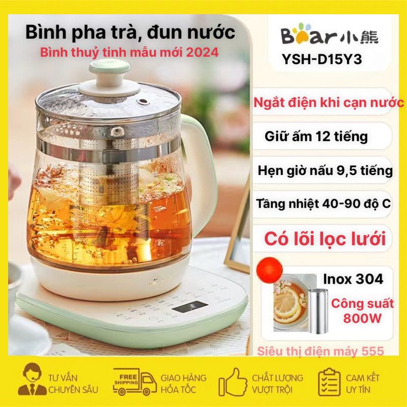 Bình pha trà đun nước Bear YSH-D15Y3 thuỷ tinh 1,5 lít có lõi lọc công ...