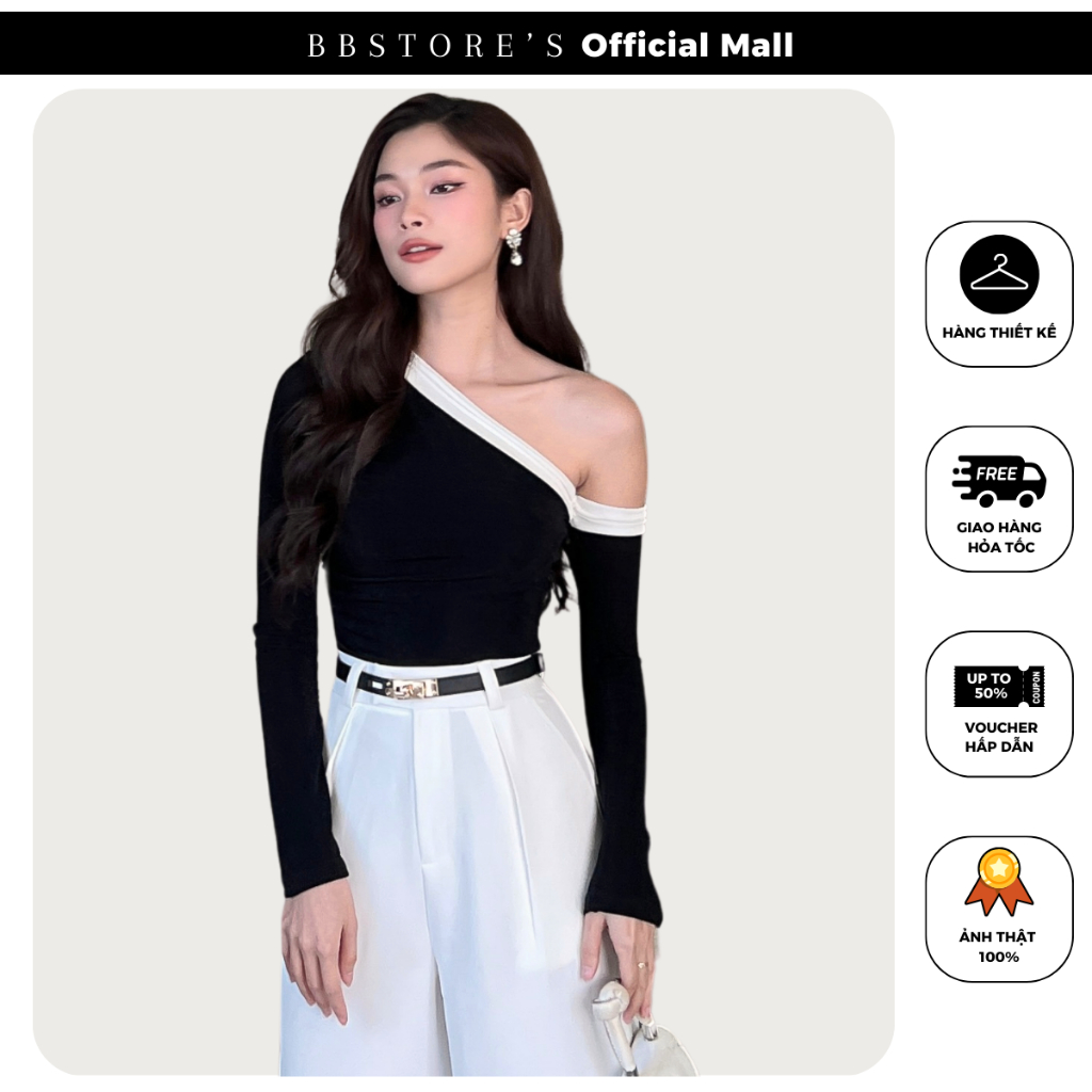 Áo Thun Kiểu Lệch Vai Tay Dài Phối Viền Trắng BBSTORE'S -A2806 | Shopee Việt Nam