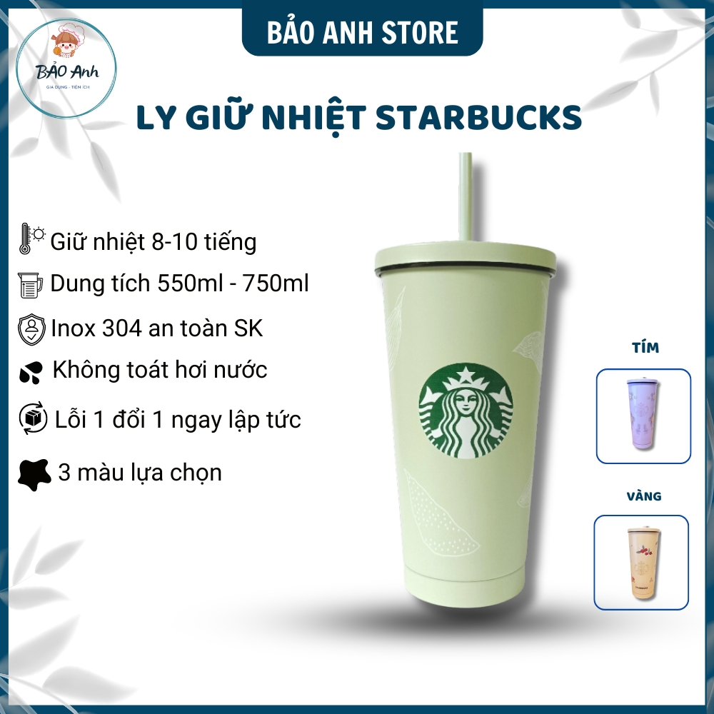 Ly giữ nhiệt starbucks xanh mint, ly gấu dâu inox 304 chống gỉ, bình ...