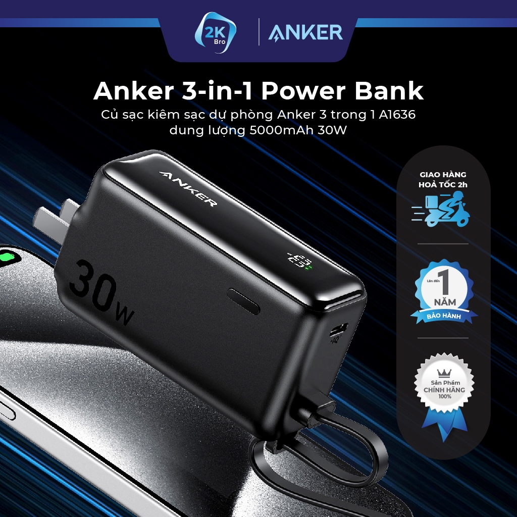 Củ sạc kiêm sạc dự phòng Anker 3 trong 1 A1636 dung lượng 5000mAh 30W | Shopee Việt Nam