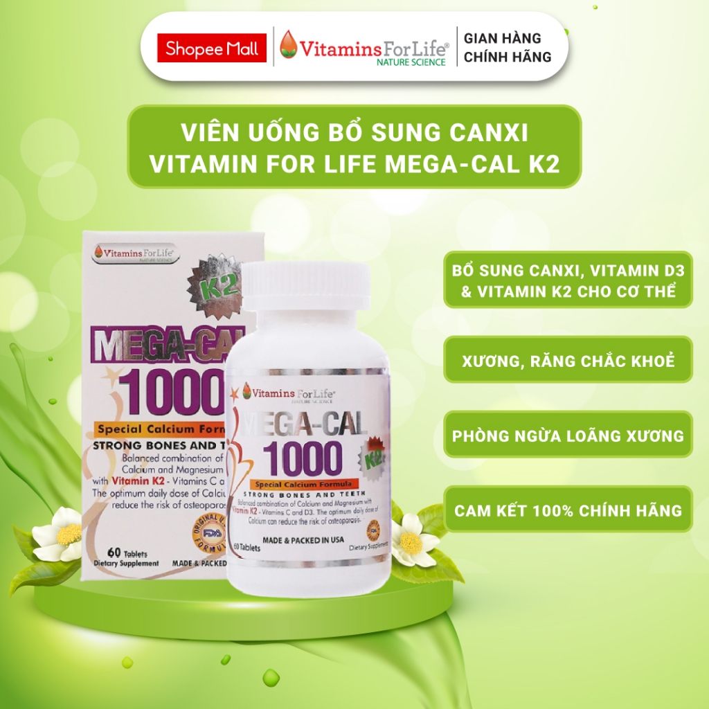 Canxi Mega Cal K2 1000 Vitamins For Life Giúp Ngăn Ngừa Loãng Xương, Giòn Xương (Hộp 60 Viên ...