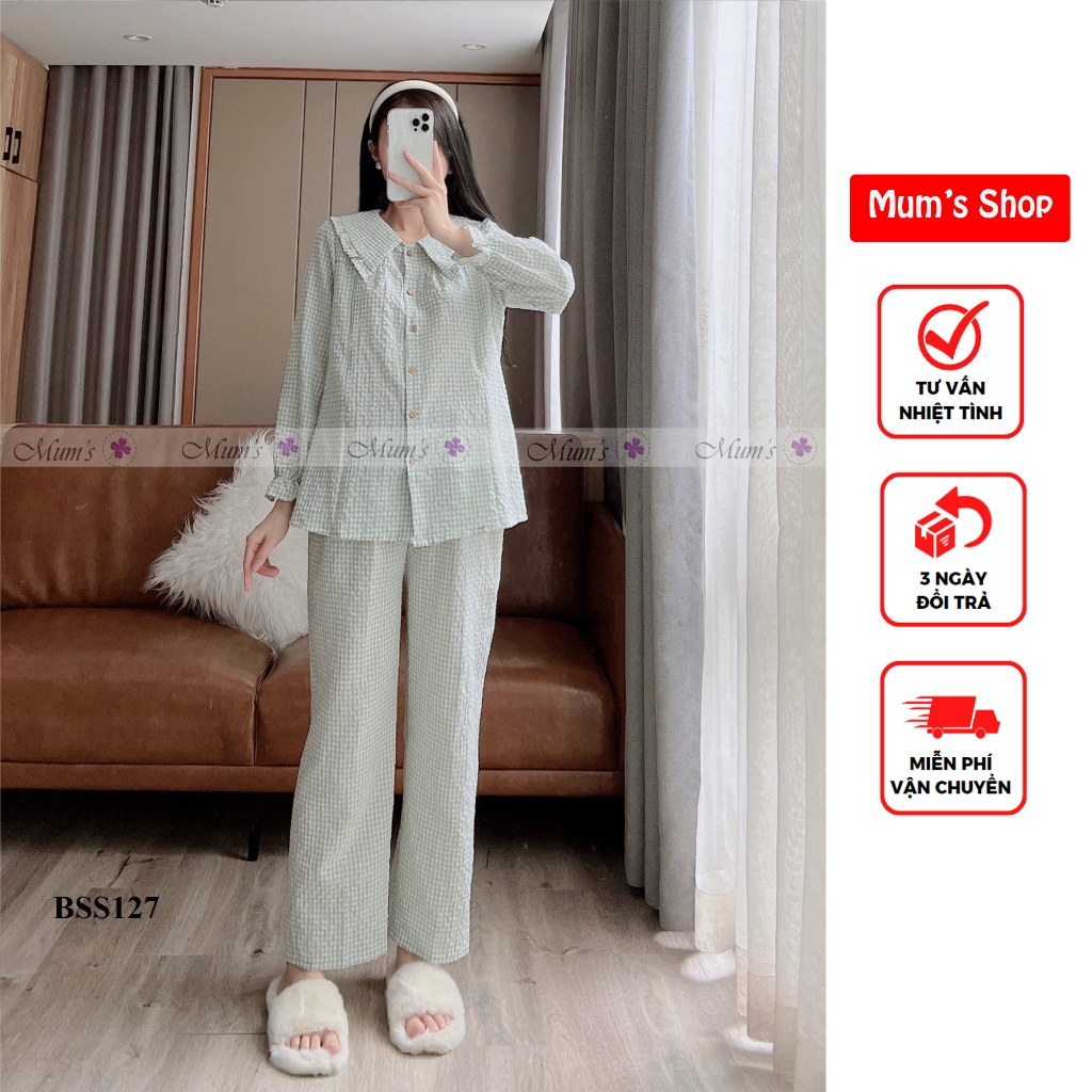 Đồ bộ bầu và sau sinh Mum's Shop BSS127 Bộ caro xanh cổ sen | Shopee Việt Nam