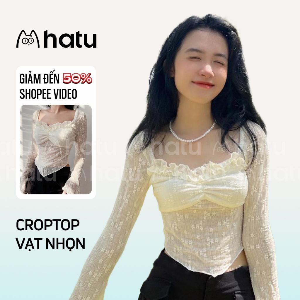 Áo croptop vạt nhọn tay dài loe, áo thun lưới ren hoa nữ tính, hot trend Ullzang Hàn - Trung ...