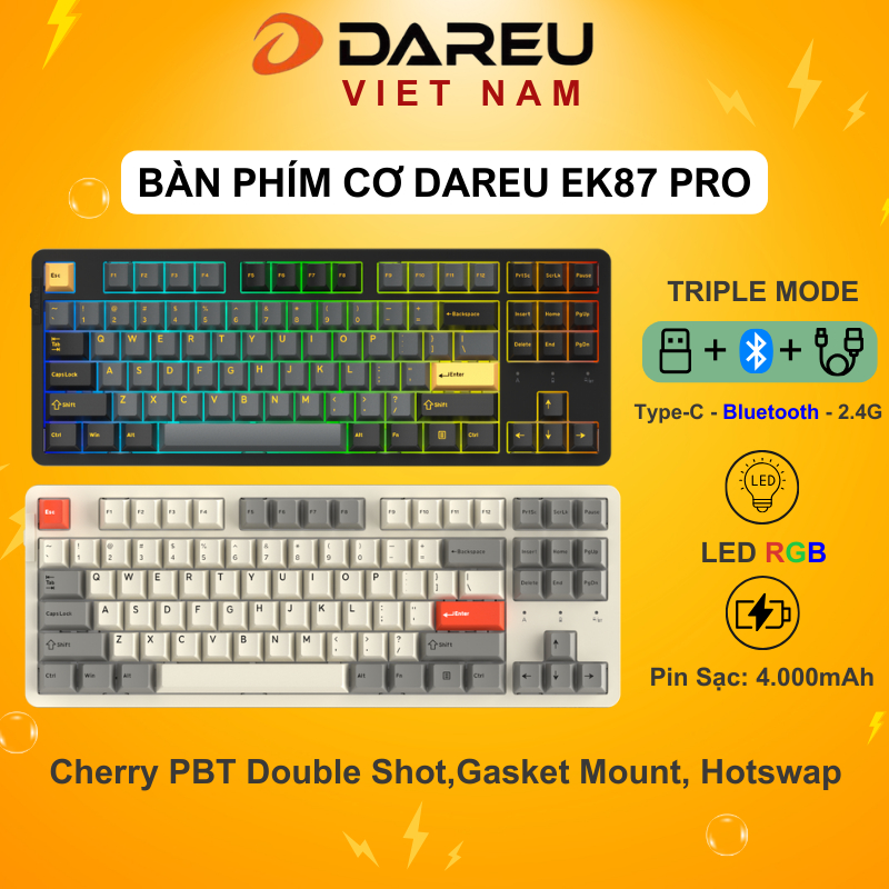 Bàn phím cơ không dây DAREU EK87 PRO (Triple Mode, Cherry PBT Double Shot, Gasket Mount, RGB ...
