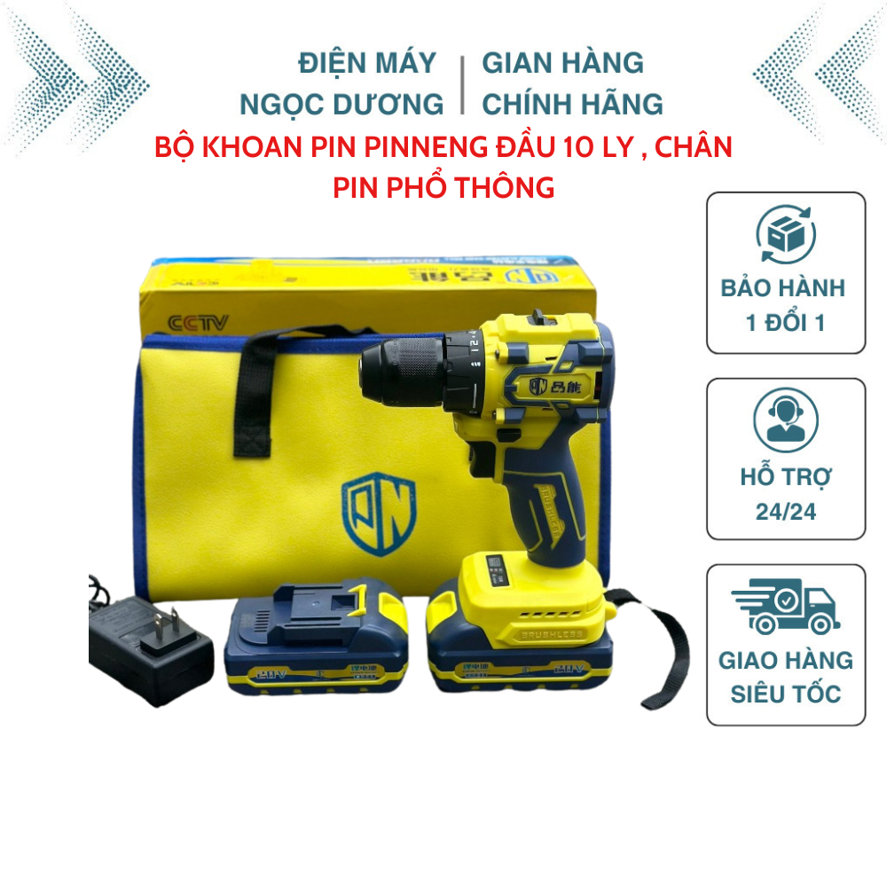 Máy Khoan Pin PINNENG Đầu 10 mm Kèm 2 Pin 5 Cell Không Chổi Than Chân ...
