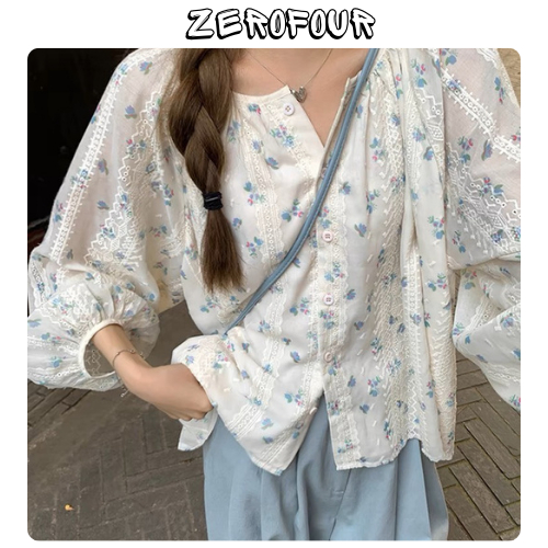 Áo sơ mi kiểu cổ tròn hoa nhí, áo sơ mi nữ phong cách vitage hàn quốc ZEROFOUR | Shopee Việt Nam