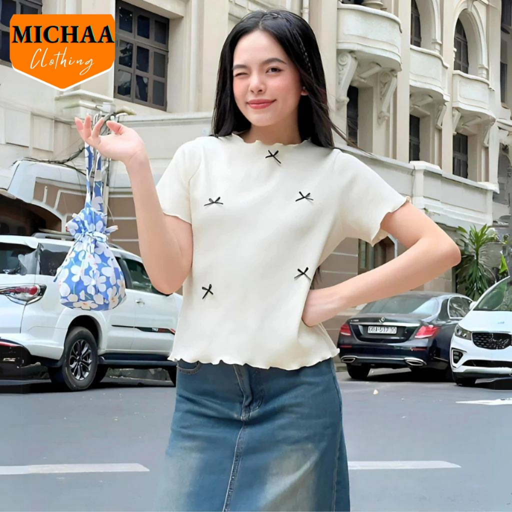 Áo thun tay cổ tròn 5 nơ viền cuốn biên chất liệu siêu co giãn Borip MICHAA | Shopee Việt Nam