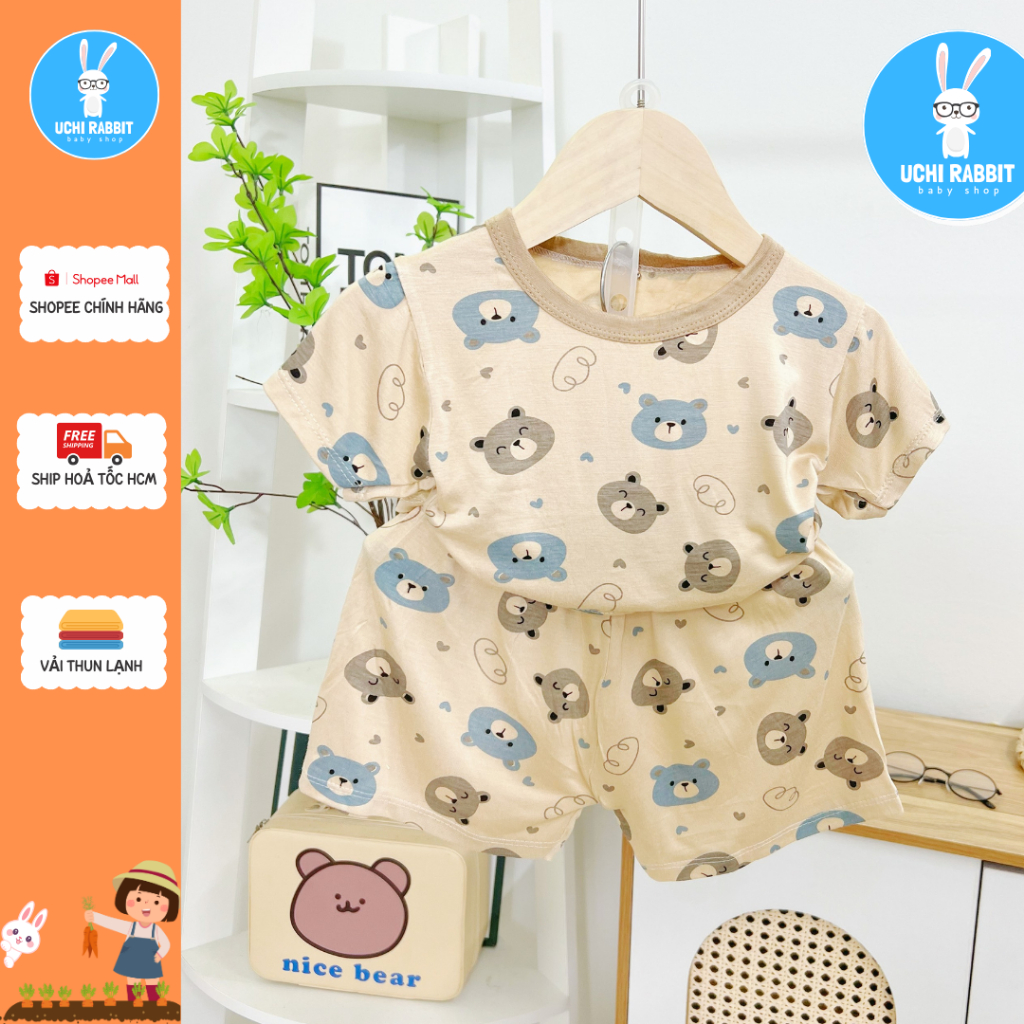 [Uchi Rabbit], Đồ bộ cộc tay chú gấu Teddy cho bé mùa thu đông vải thun ...