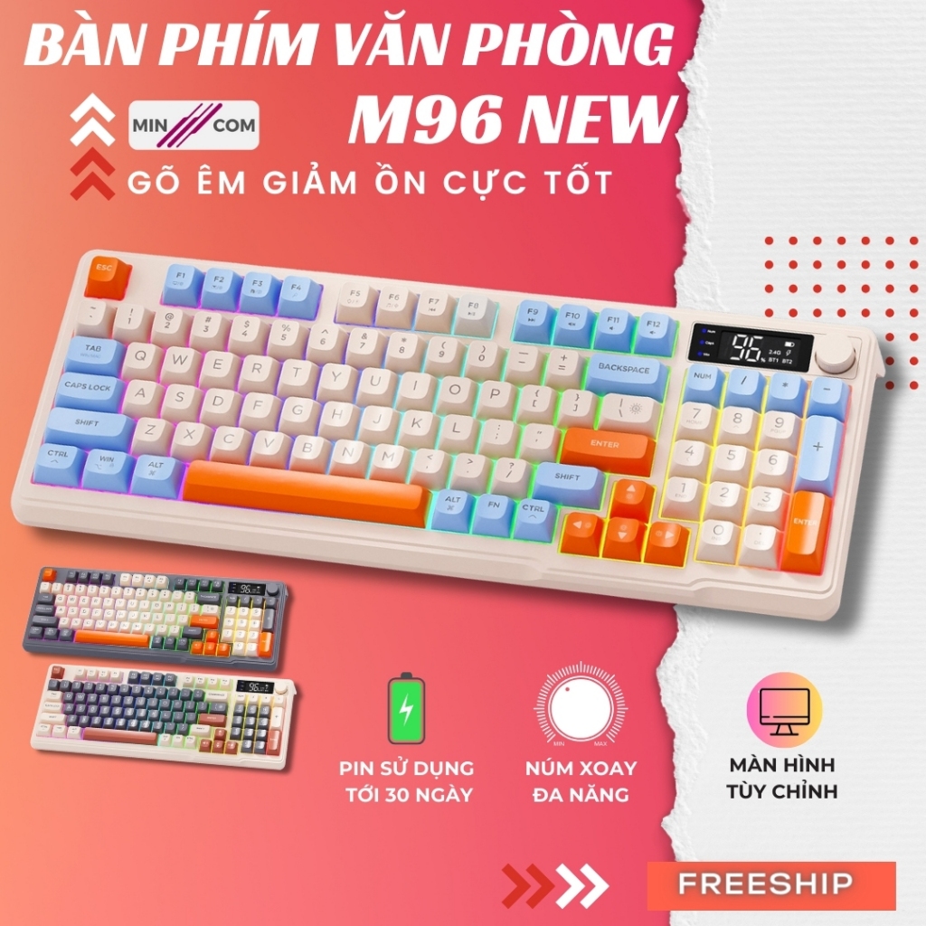 Bàn Phím Không Dây Mincom Có Màn Hình Ziyoulang M96 Led 7 Màu, Gõ Êm Giảm Ồn, Núm Xoay Media ...