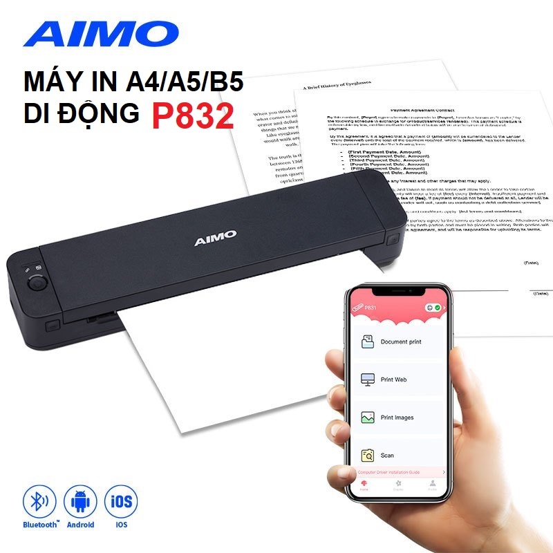 Máy in di động A4 P832 /In qua Bluetooh, USB/ In giấy A4 thường /Kết ...
