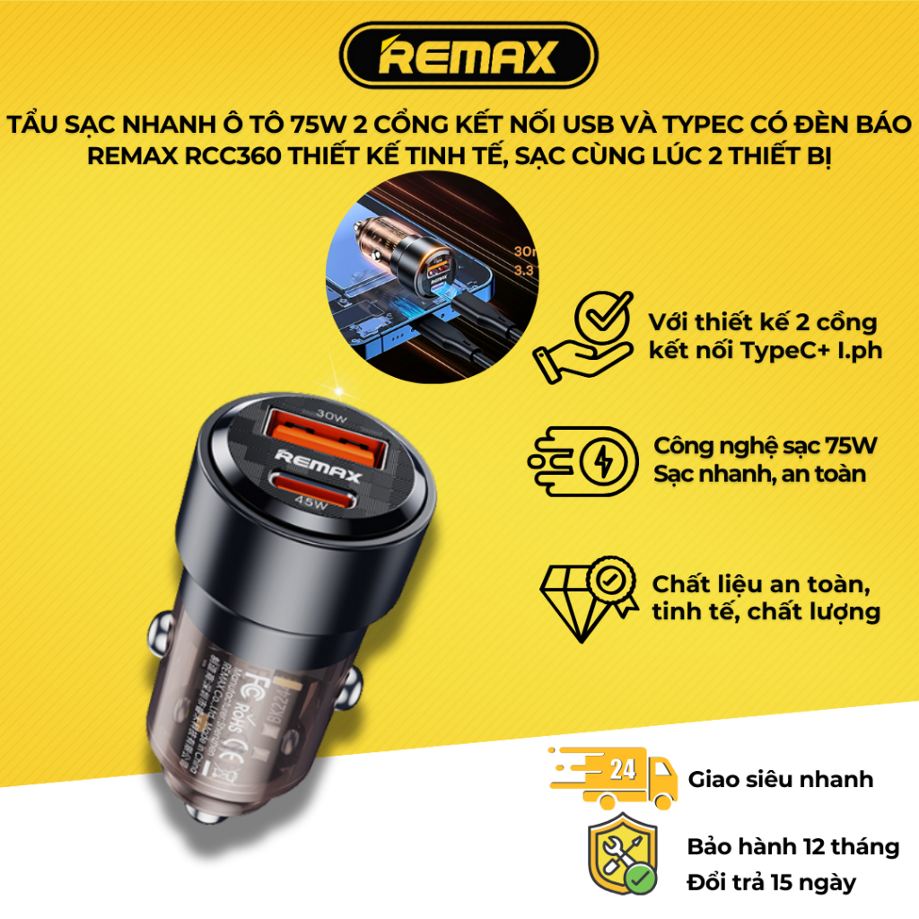 Tẩu sạc nhanh ô tô 75W 2 cổng kết nối USB và typeC có đèn báo Remax RCC360 thiết kế tinh tế, sạc ...