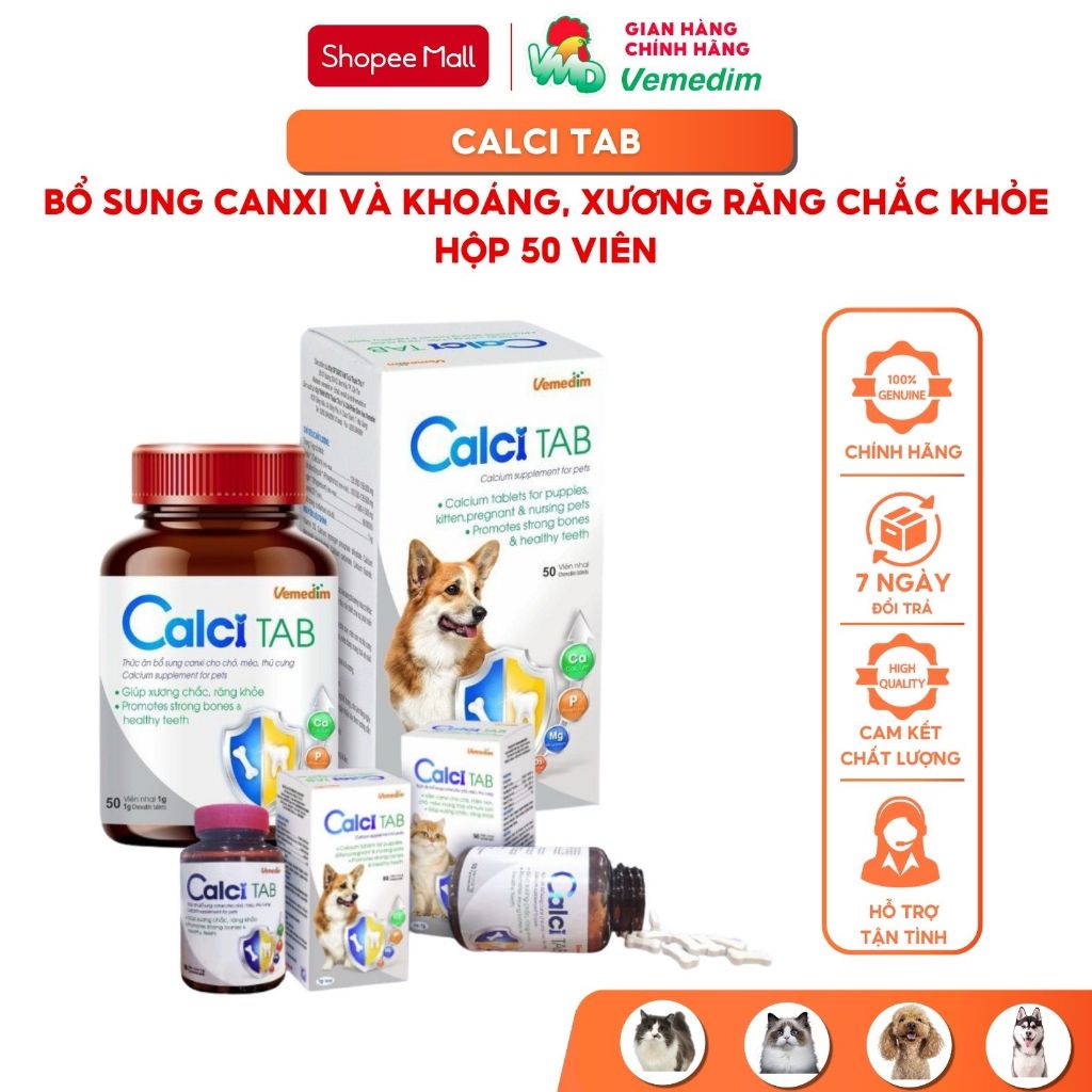 Vemedim Calci Tab viên bổ sung canxi và khoáng cho chó mèo, giúp xương ...