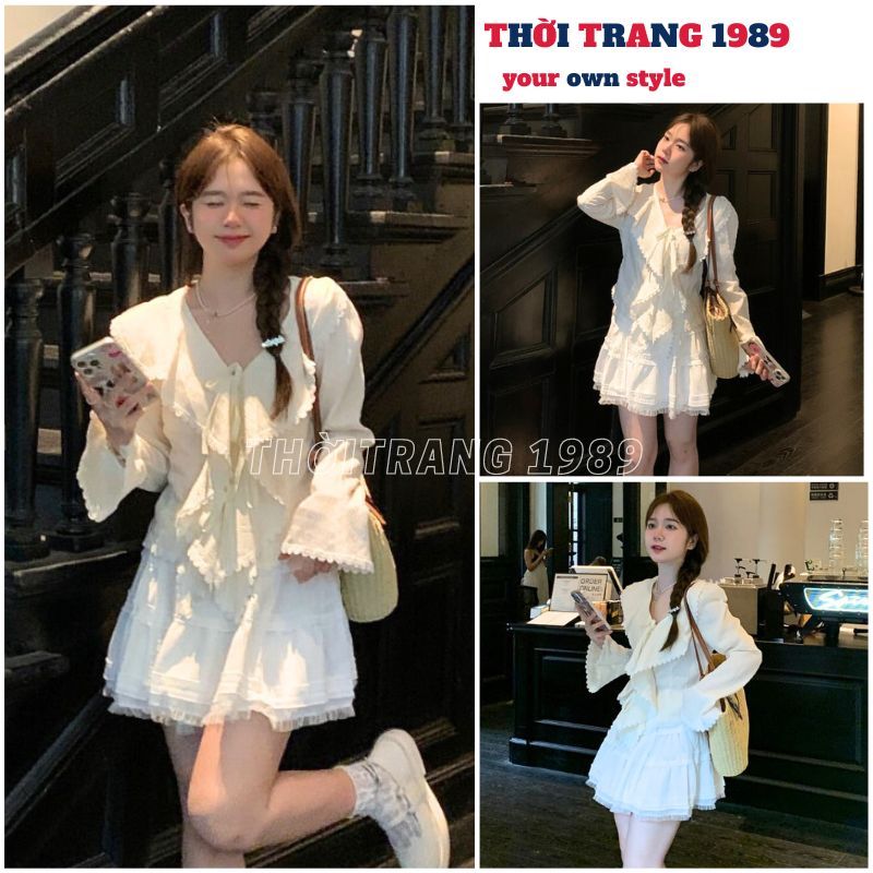 Set áo cổ bèo buộc nơ dài tay ống loe kèm chân váy tầng phối ren điệu đà, Set váy nữ xinh xắn ...