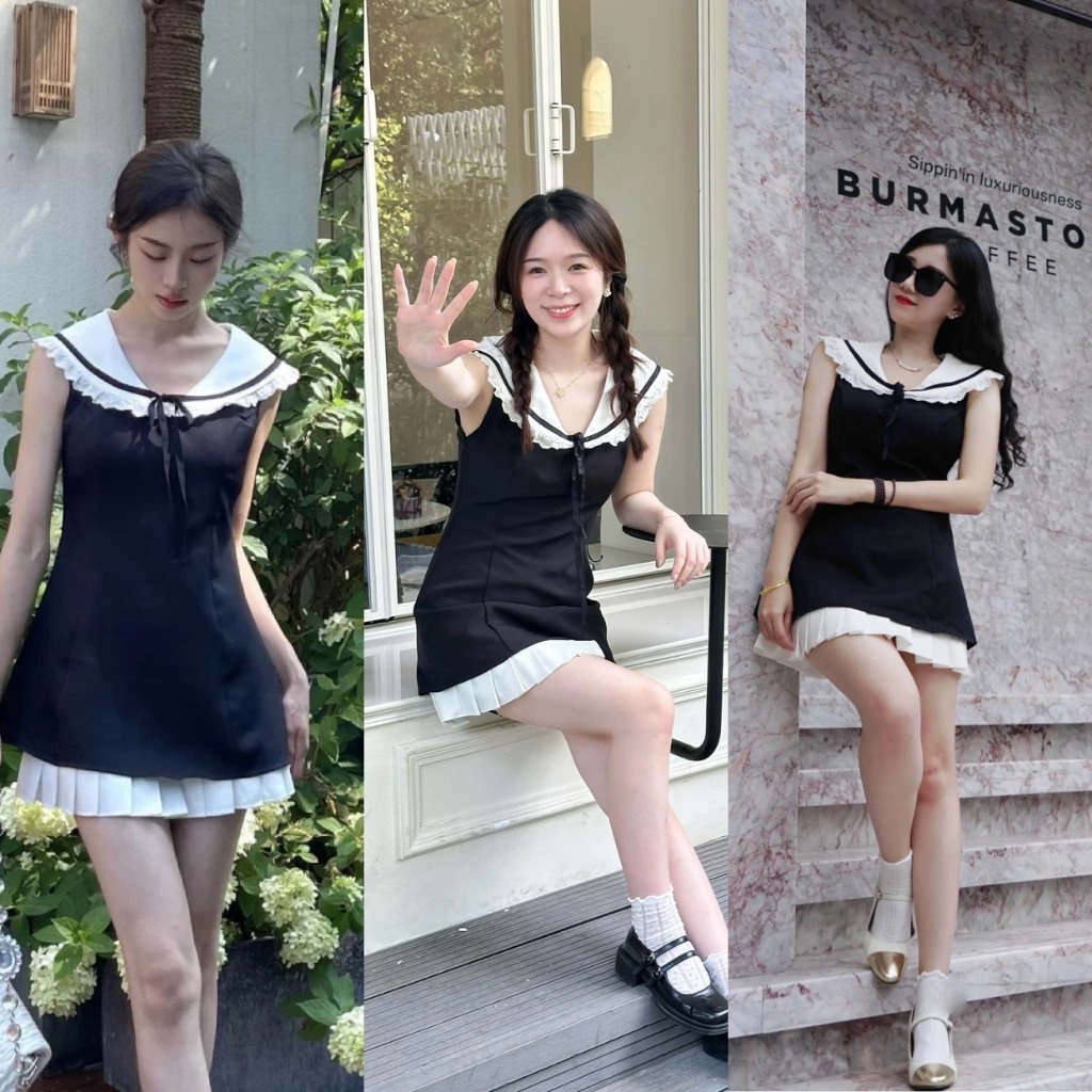 ĐẦM ĐI TIỆC, ĐẦM ĐEN CỔ SEN THẮT NƠ TÙNG XẾP LI SANG CHẢNH ( Hàng loại ...