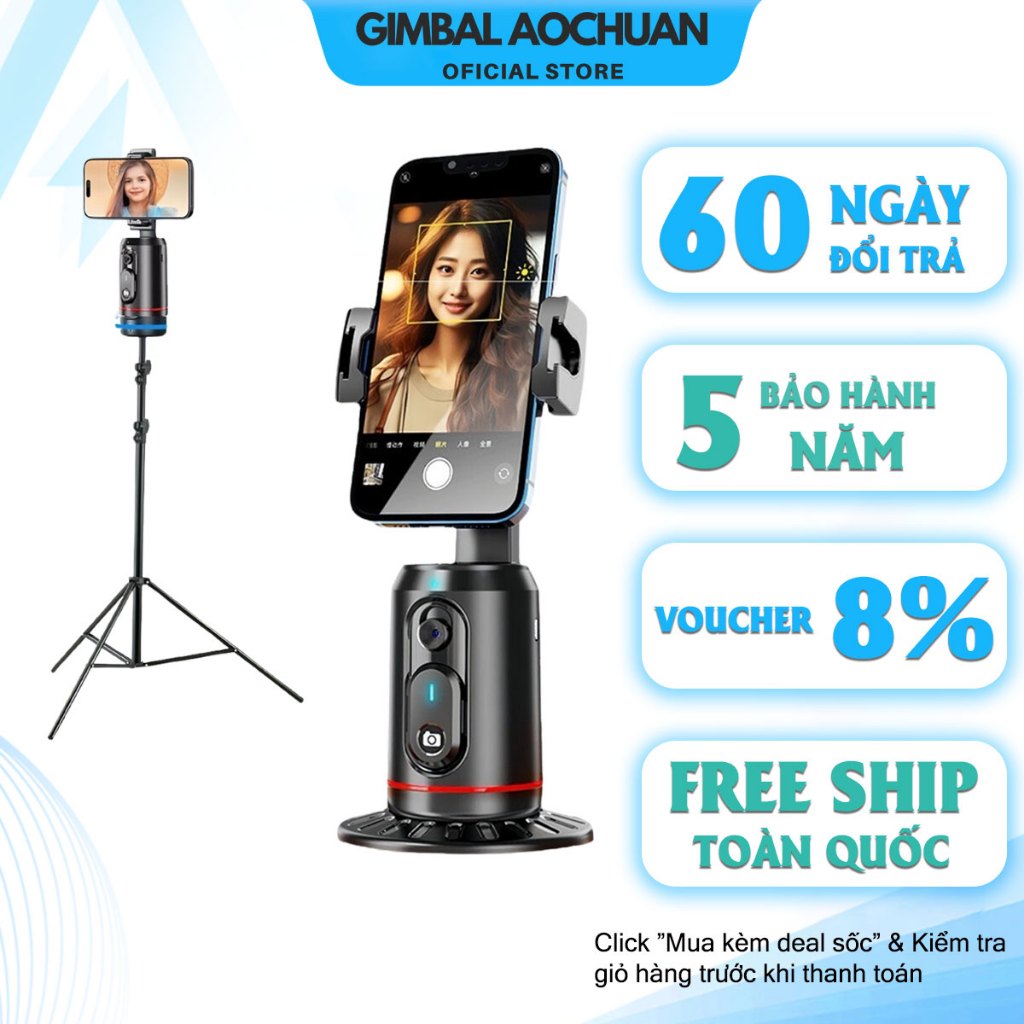 Gimbal 360 Q02 tự động quay theo khuôn mặt, chuyển động, giá đỡ điện thoại livestream kèm gậy ...