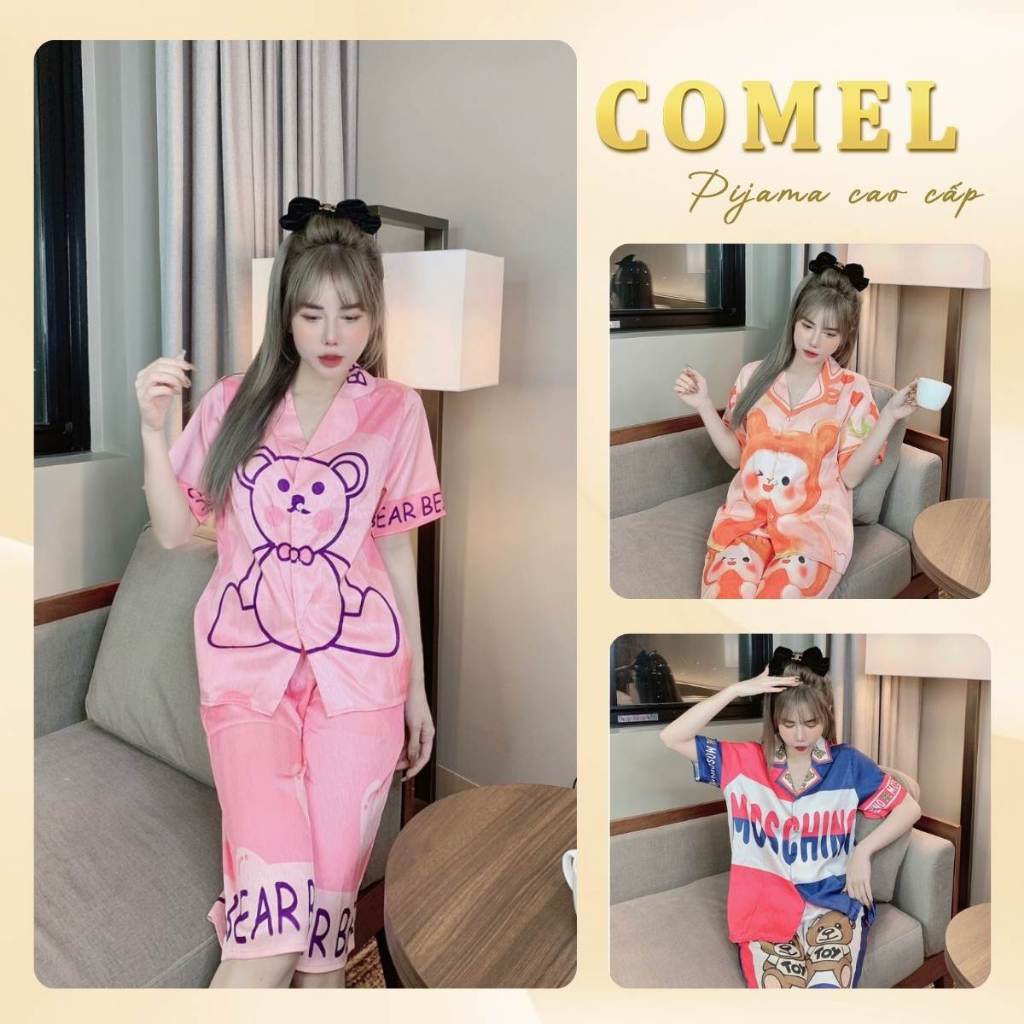 Bộ Pyjama nữ lụa xước vân gỗ lửng, đồ bộ ngủ ngắn tay mặc ở nhà dễ ...