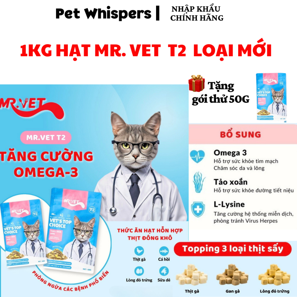 1KG hạt Mr. Vet T2 mới, tăng cường OMEGA-3 kèm topping 3 loại thịt sấy ...