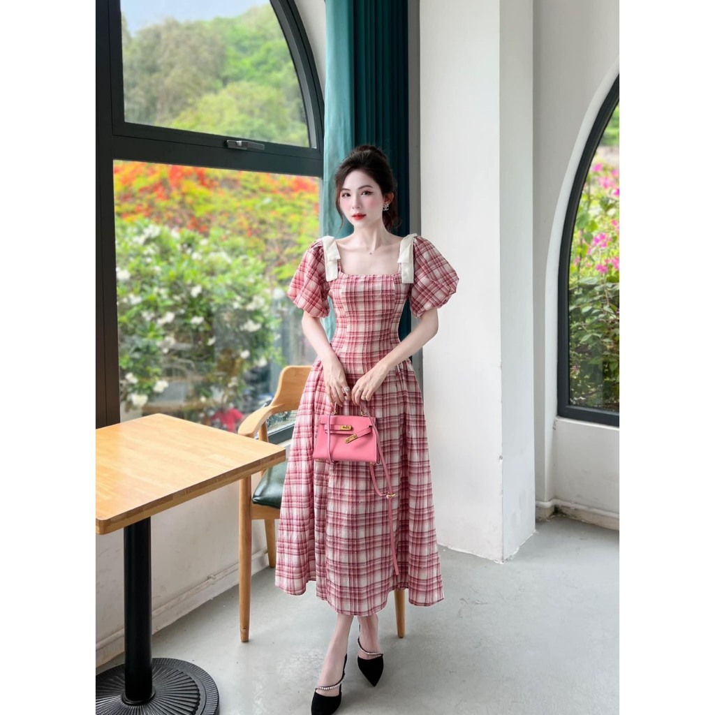 Đầm caro kẻ hồng nơ 2 bên vai xinh đẹp dịu dàng mặc đi đâuu cũng đẹp ...