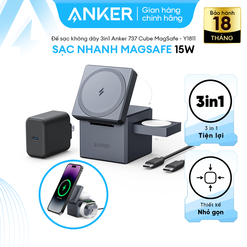 Đế sạc không dây 3in1 Anker 737 Cube MagSafe - Hỗ trợ sạc nhanh 15W - Y1811 | Shopee Việt Nam