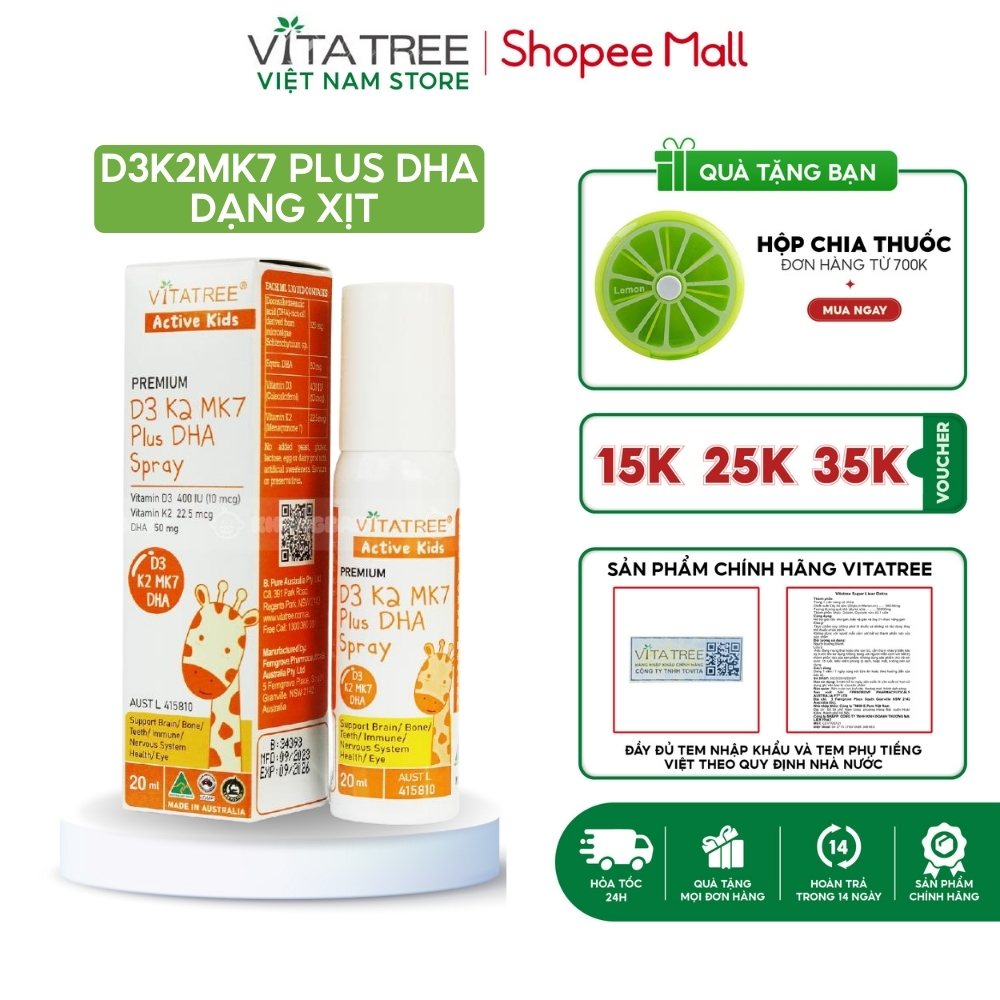 D3K2 dạng xịt Vitatree Premium D3K2MK7 Plus DHA 20ml bổ sung D3K2 và DHA giúp bé phát triển não ...