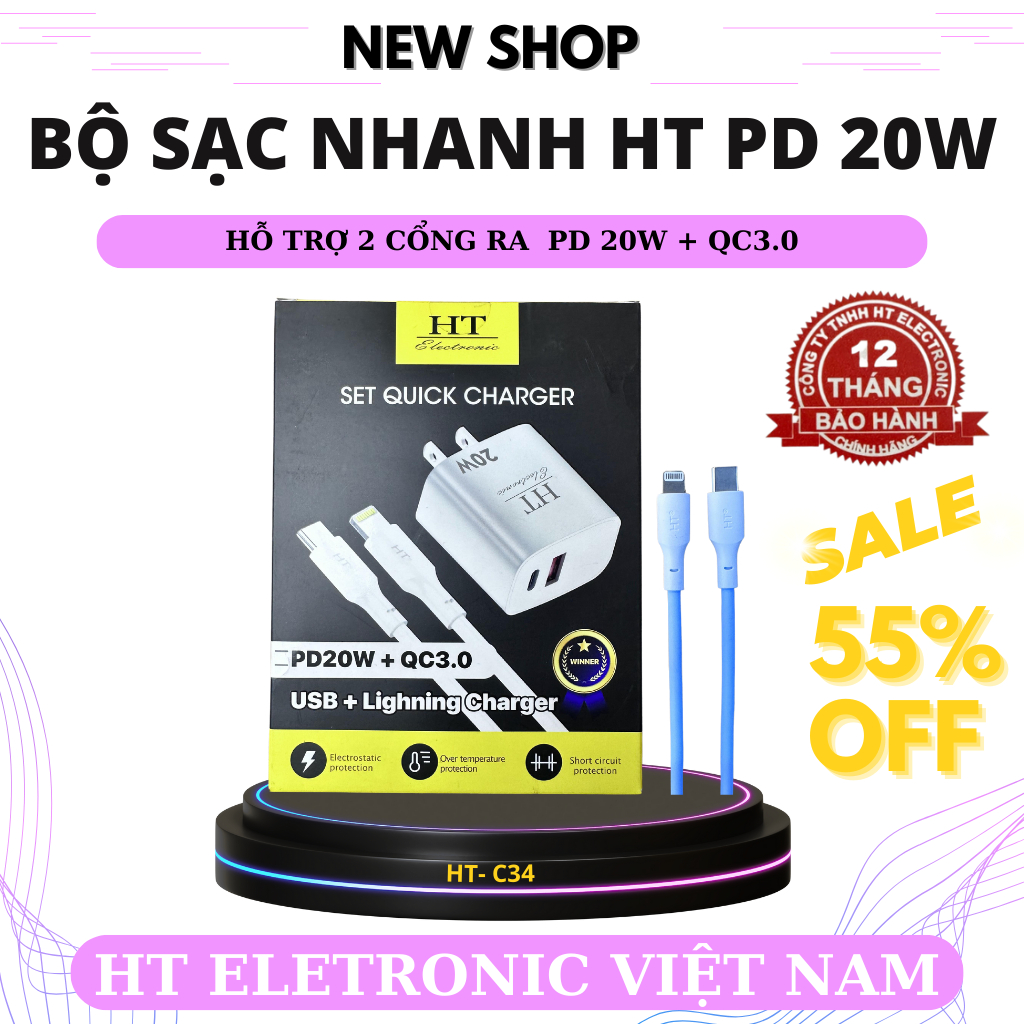 Bộ sạc nhanh, dây sạc nhanh, củ sạc nhanh PD 20w HT-Electronic Việt Nam, 2 cổng PD20W+QC3.0 ...