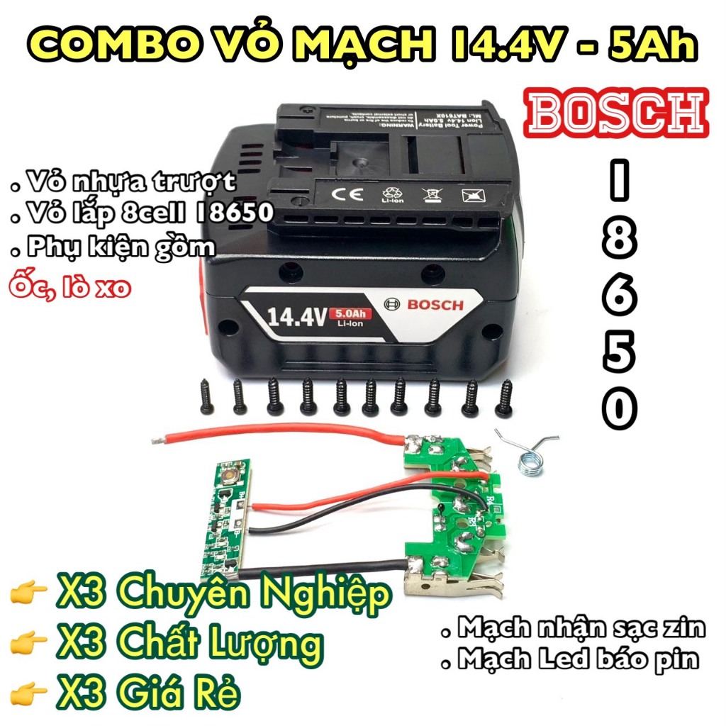 [B142 - 14.4V] Vỏ, mạch Bosch 14.4V - 5.0Ah 8 cell 18650, mạch nhận sạc zin có Led báo pin ...
