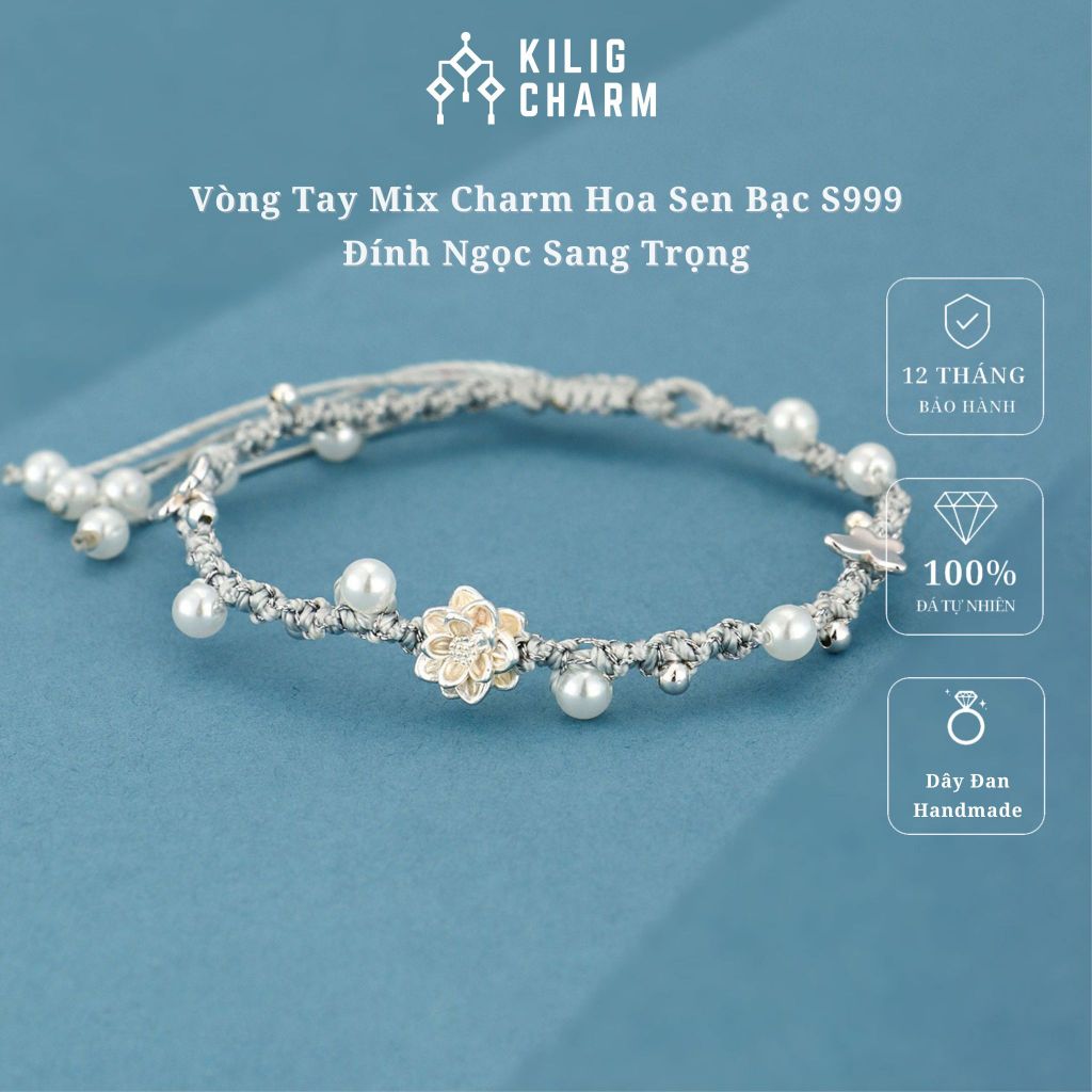 Vòng tay dây đan handmade charm hoa sen bạc S999 nữ đính đá sang trọng ...