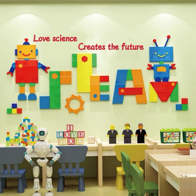 Tranh dán tường mica dán nổi steam robot trang trí lớp học, trường mầm ...
