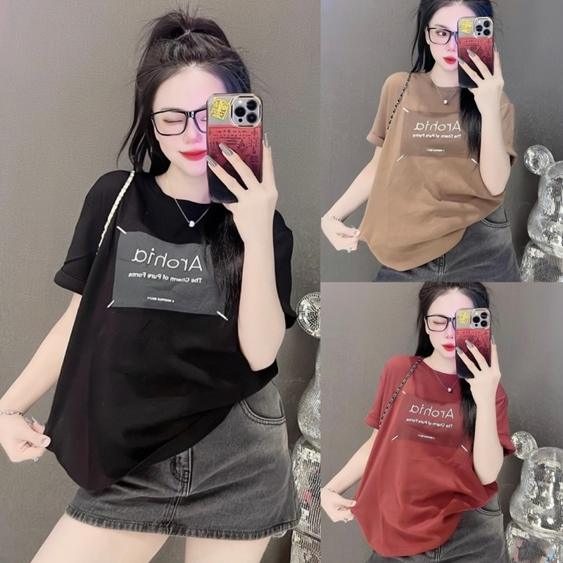 Áo thun nữ Cotton Thái Phom vừa cổ tròn tay ngắn Phối chữ ( Mã Arohia ...