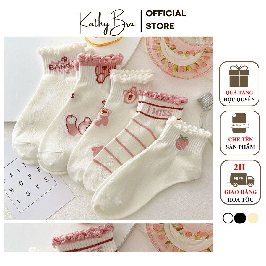 T01 Tất Nữ Cổ Ngắn / Cổ Cao Cute KATHY BRA Họa Tiết Gấu Siu Dễ Thương ...