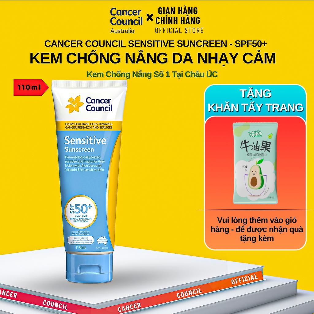 Kem Chống Nắng Cancer Council Sensitive SPF50+/PA++++ 110ml Dành Cho Da ...