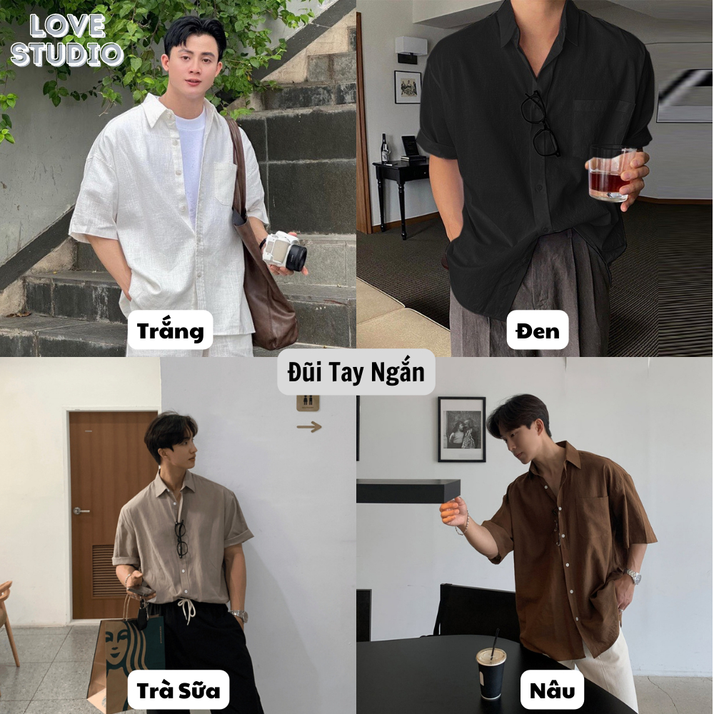 Áo sơ mi nam tay ngắn vải đũi linen cổ đức Oxford nữ hàn quốc trắng đen trụ cộc tay dày dặn đi ...