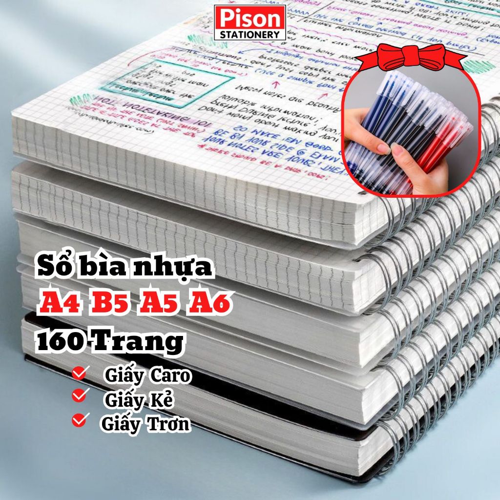 Sổ lò xo basic A6 A5 B5 A4 160 trang kẻ caro kẻ ngang vở tập bullet ...