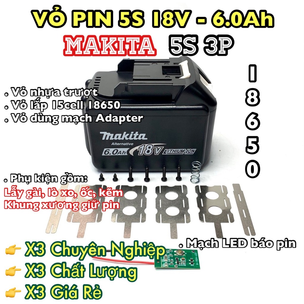 [3P - V9] Vỏ pin Adapter DC 5S3P có Led báo pin 18V - 6Ah 18650 (ToolVN ...