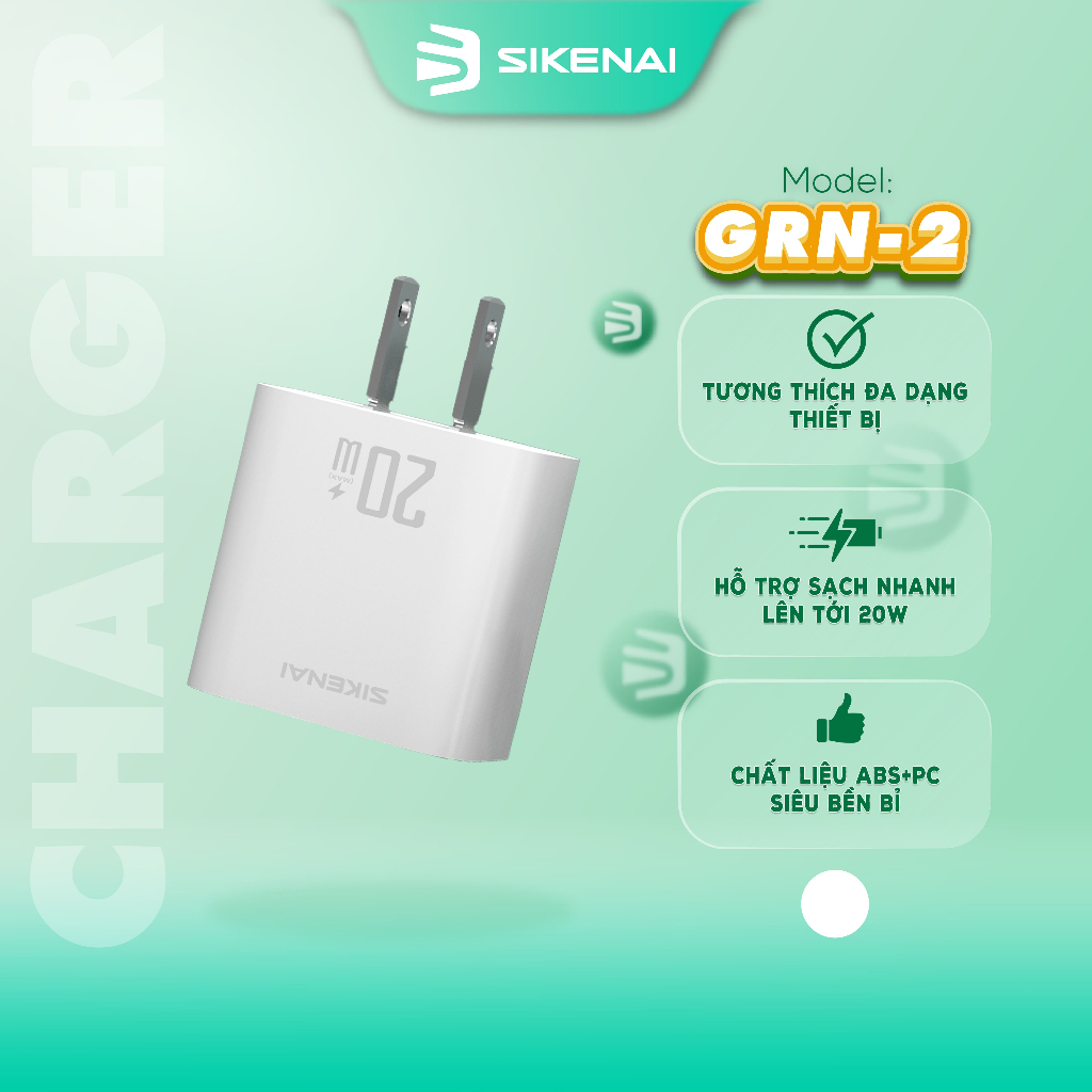 Củ Sạc Nhanh 20W GRN-2 Sikenai Sạc nhanh, sử dụng cáp lõi đồng an toàn trong việc sạc pin ...