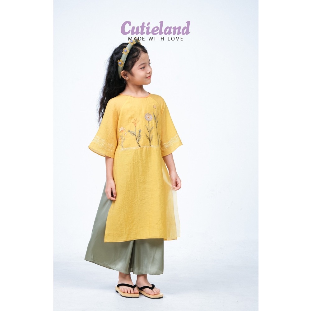 Cutieland - Bộ áo dài bé gái tơ vàng thêu hoa | Shopee Việt Nam
