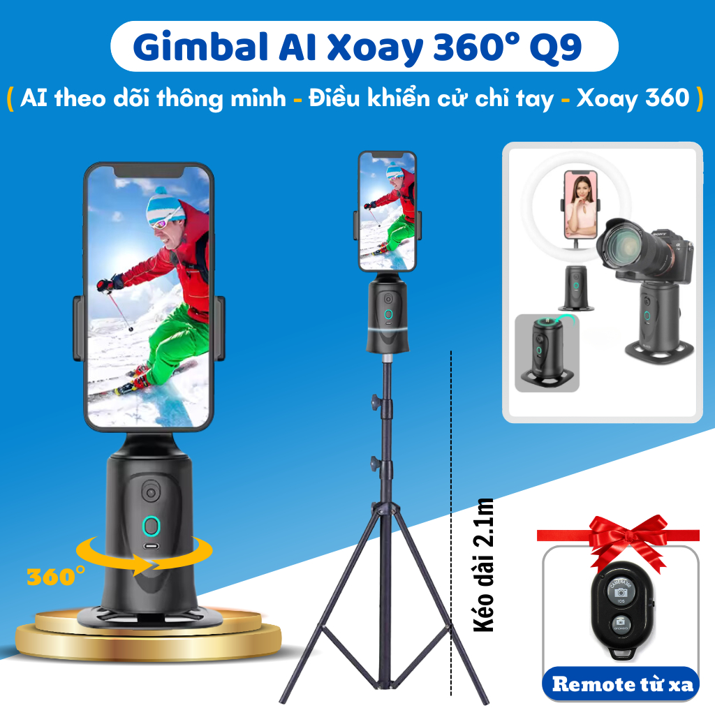 Gía đỡ điện thoại xoay 360 độ Gimbal AI Q02 tự động nhân diện va di chuyển theo vật thể, điều ...