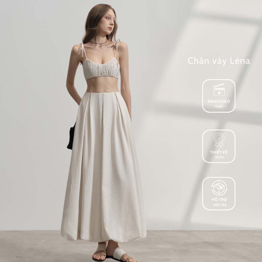 Chân váy linen LÉNA dáng dài, 2 màu trắng/muối tiêu, lên dáng sang ...