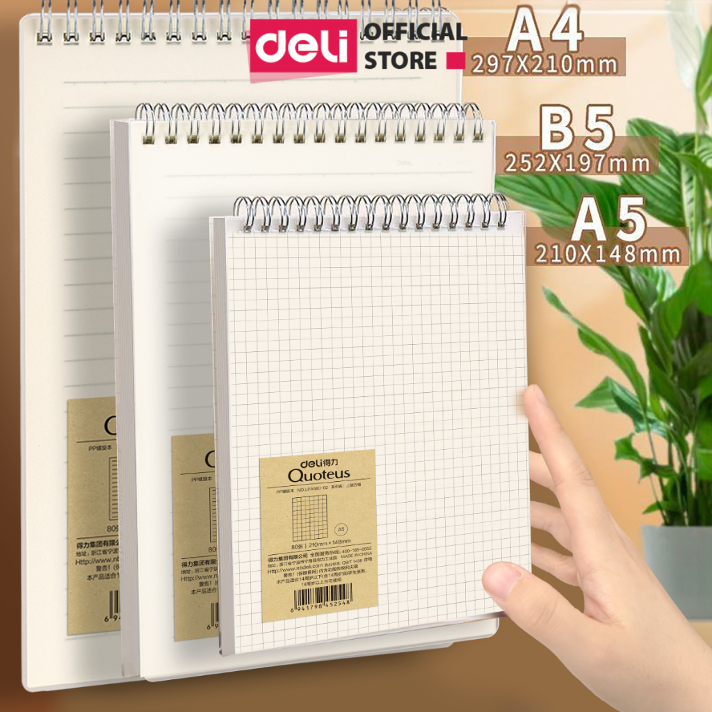 Sổ lò xo kép A5 B5 Deli Sổ bìa trong 160 trang dạng dọc giấy kẻ ngang/ caro chống lóa Viết ...