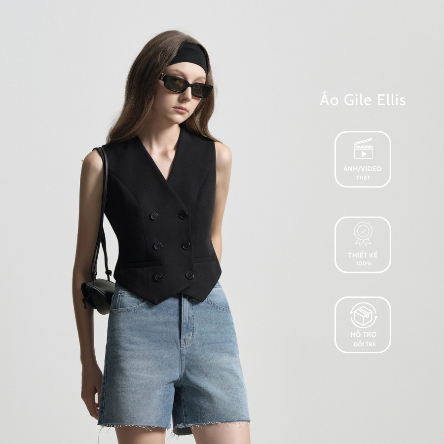 Áo Gile ELLIS màu đen, Áo gile nữ 2 túi cơi áo vest cổ tim phối khuy chất chéo nhật | the tendy ...