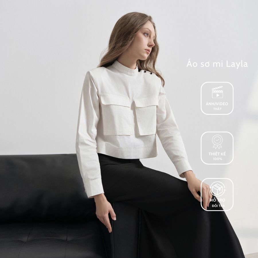 Áo sơ mi LAYLA tay dài, màu trắng, dáng croptop, cổ trụ, túi hộp hai ...