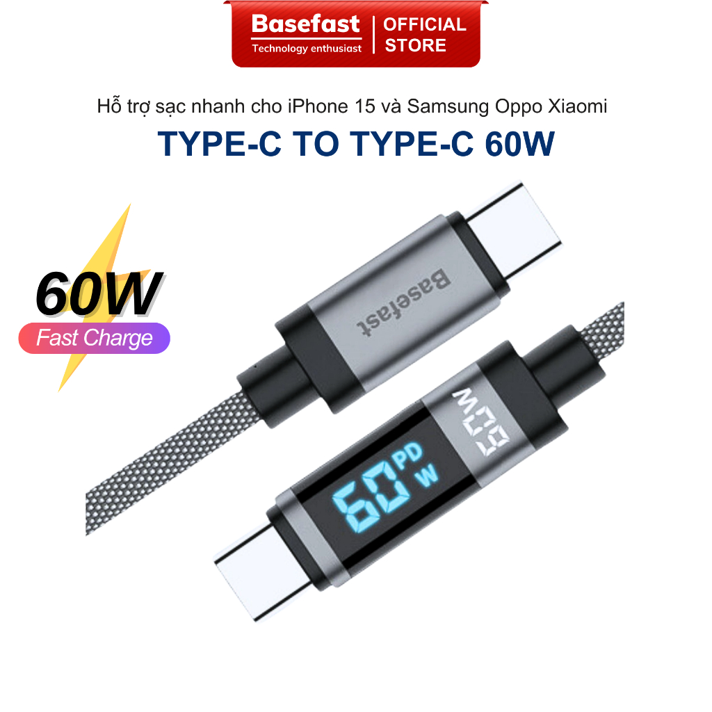 Dây sạc nhanh Type C 60W Basefast LED hiển thị công suất cho điện thoại Samsung Xiaomi Oppo ...