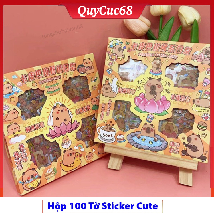 Hộp 100 tấm sticker Capy cute dễ thương,set 100 tờ sticker trang trí ...