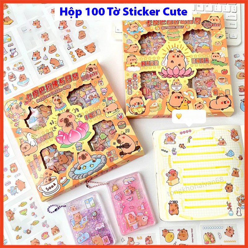 Hộp 100 tấm sticker Capy set 100 tờ sticker cute dễ thương, trang trí ...